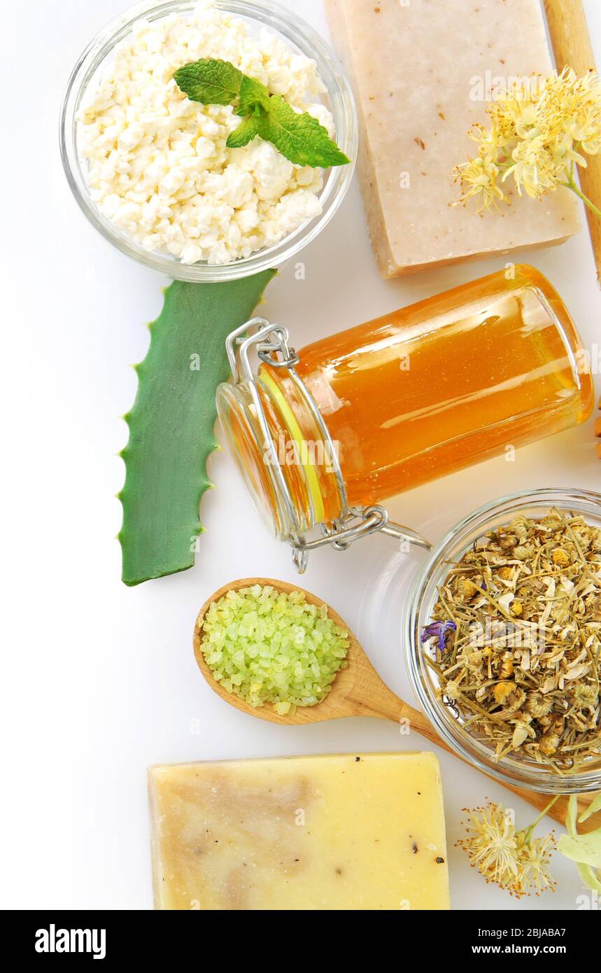Natural ingredients for skin care on white background Stock Photo - Alamy