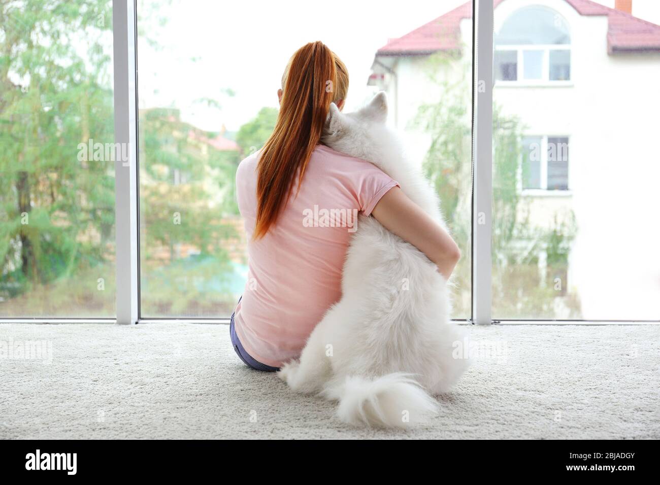 Beautiful girl with cute Samoyed dog Stock Photo - Alamy