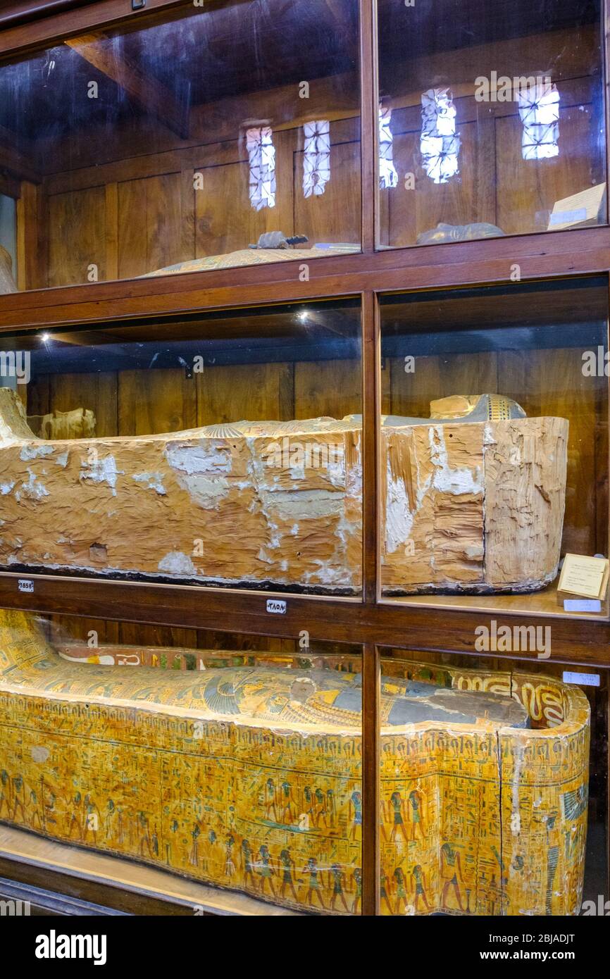 Cairo / Egypt - May 25, 2019: Ancient Egyptian sarcophagi and mummy ...