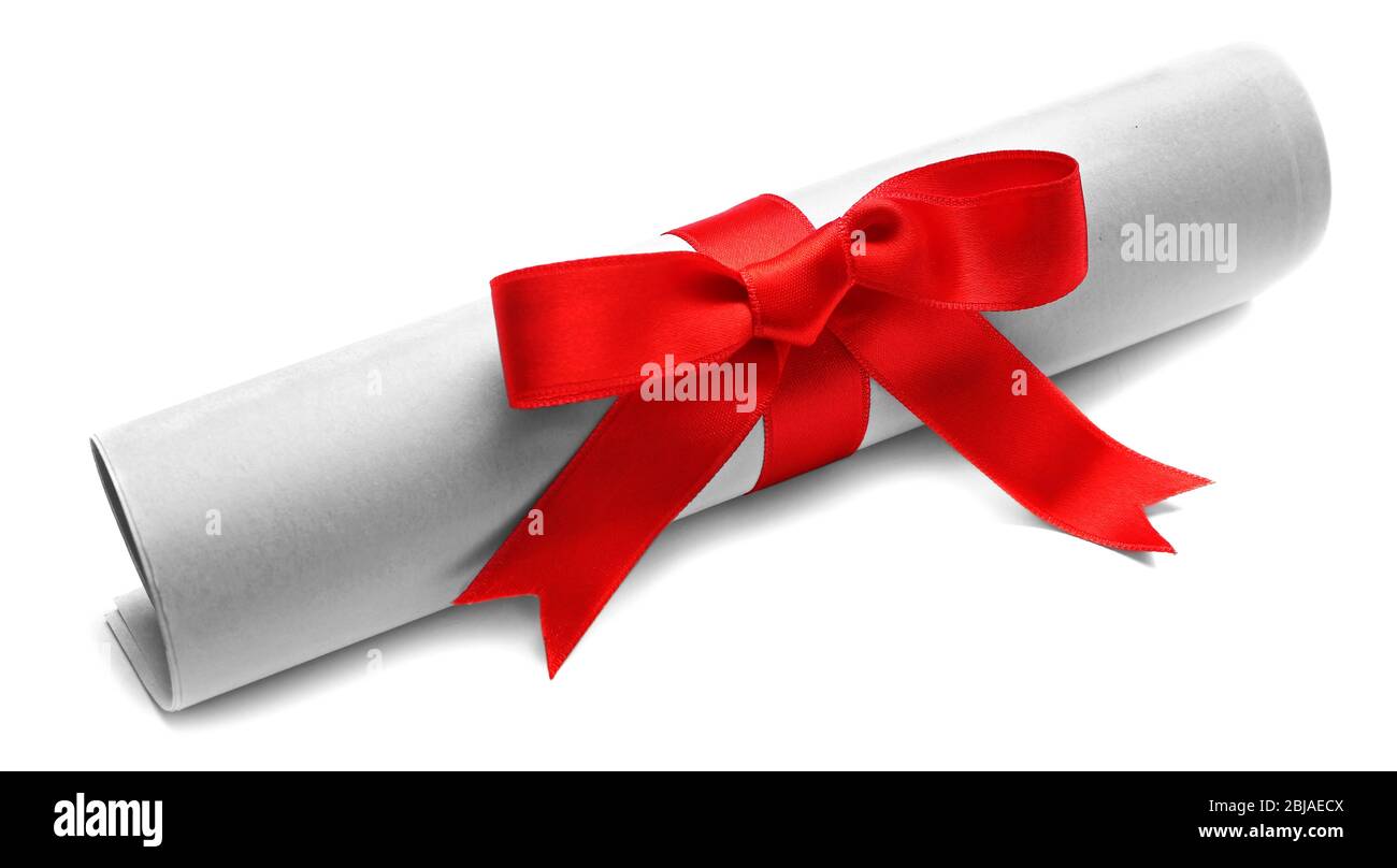 Rolled paper tied with red ribbon isolated on white Stock Photo - Alamy