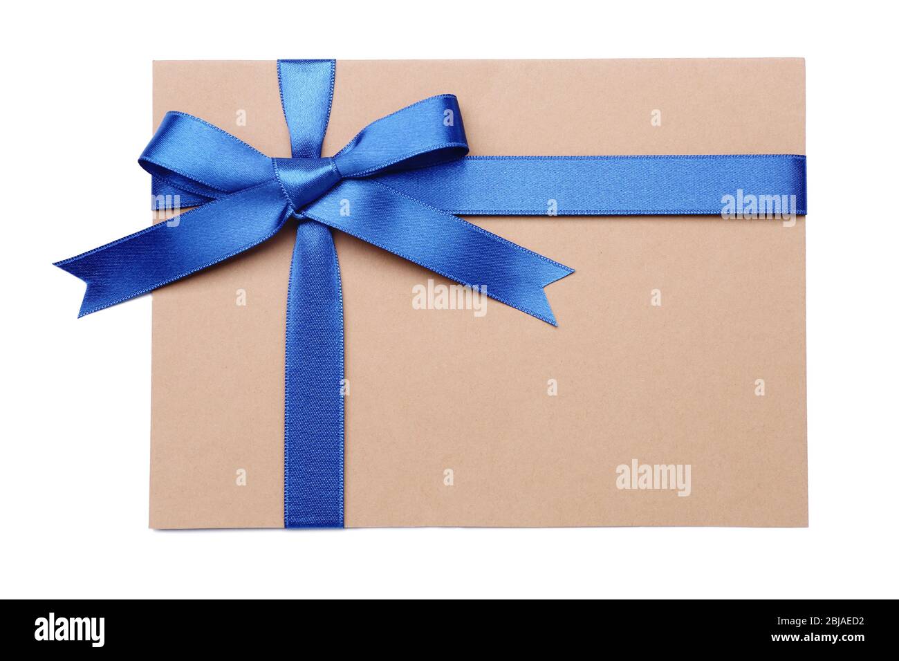 Gift card with a blue ribbon isolated on white Stock Photo - Alamy