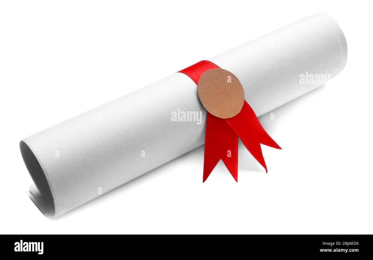 Rolled paper tied with red ribbon isolated on white Stock Photo - Alamy