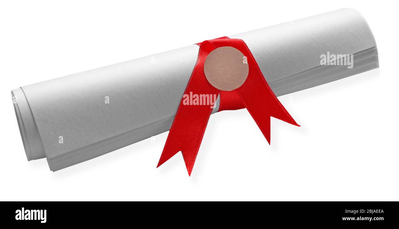 Rolled paper tied with red ribbon isolated on white Stock Photo - Alamy