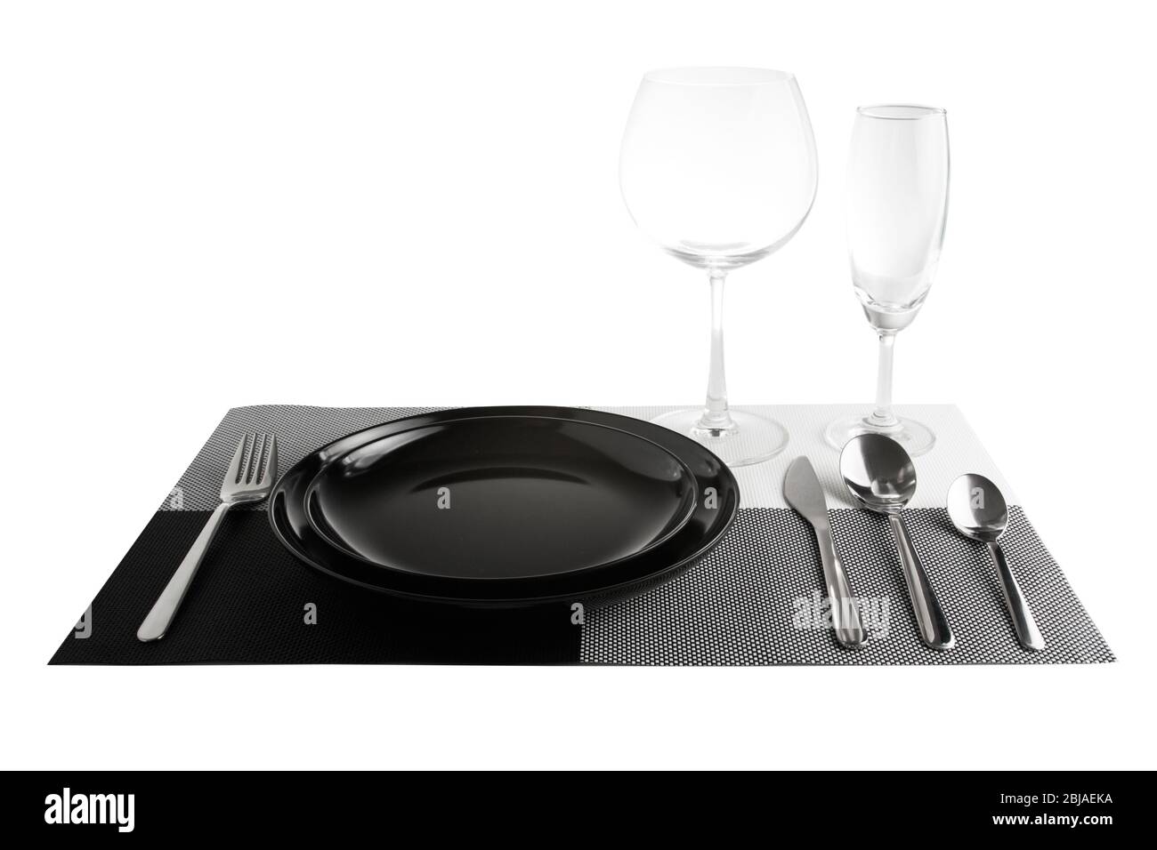 silverware or flatware set and plates isolated on white background ...