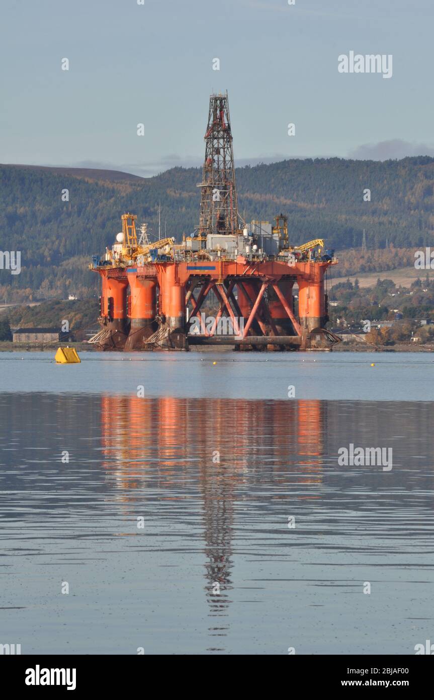 Oil Rig in the Cromarty Firth, Scotland viewed from Balblair looking ...