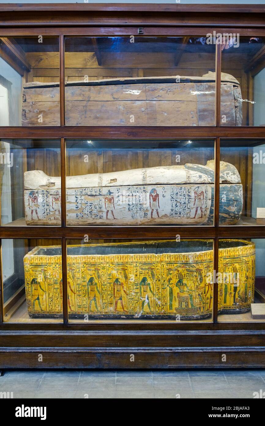 Cairo / Egypt - May 25, 2019: Ancient Egyptian sarcophagi and mummy ...