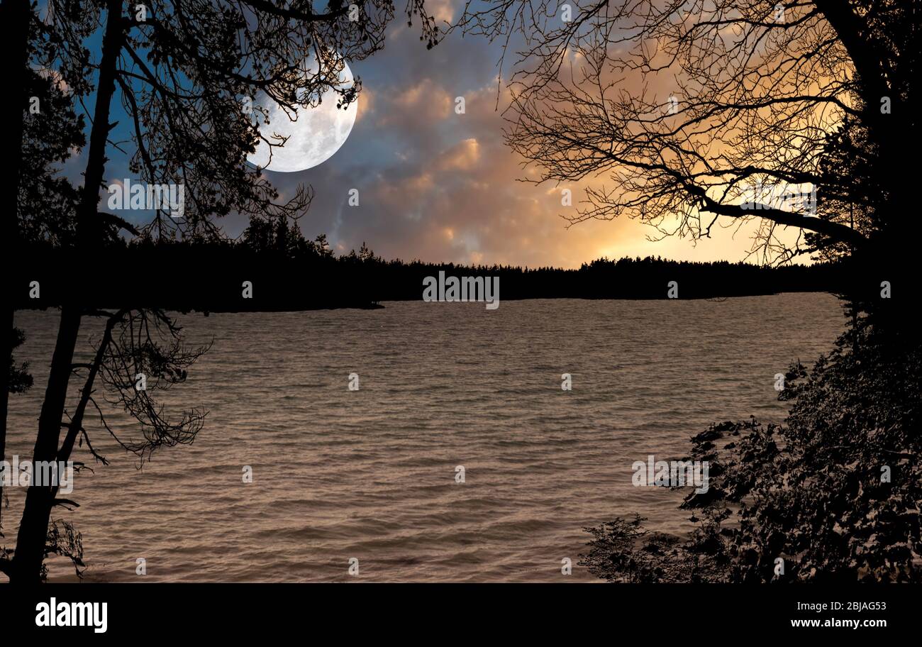 Image of a lake during beautiful sunset with the moon on the sky Stock ...