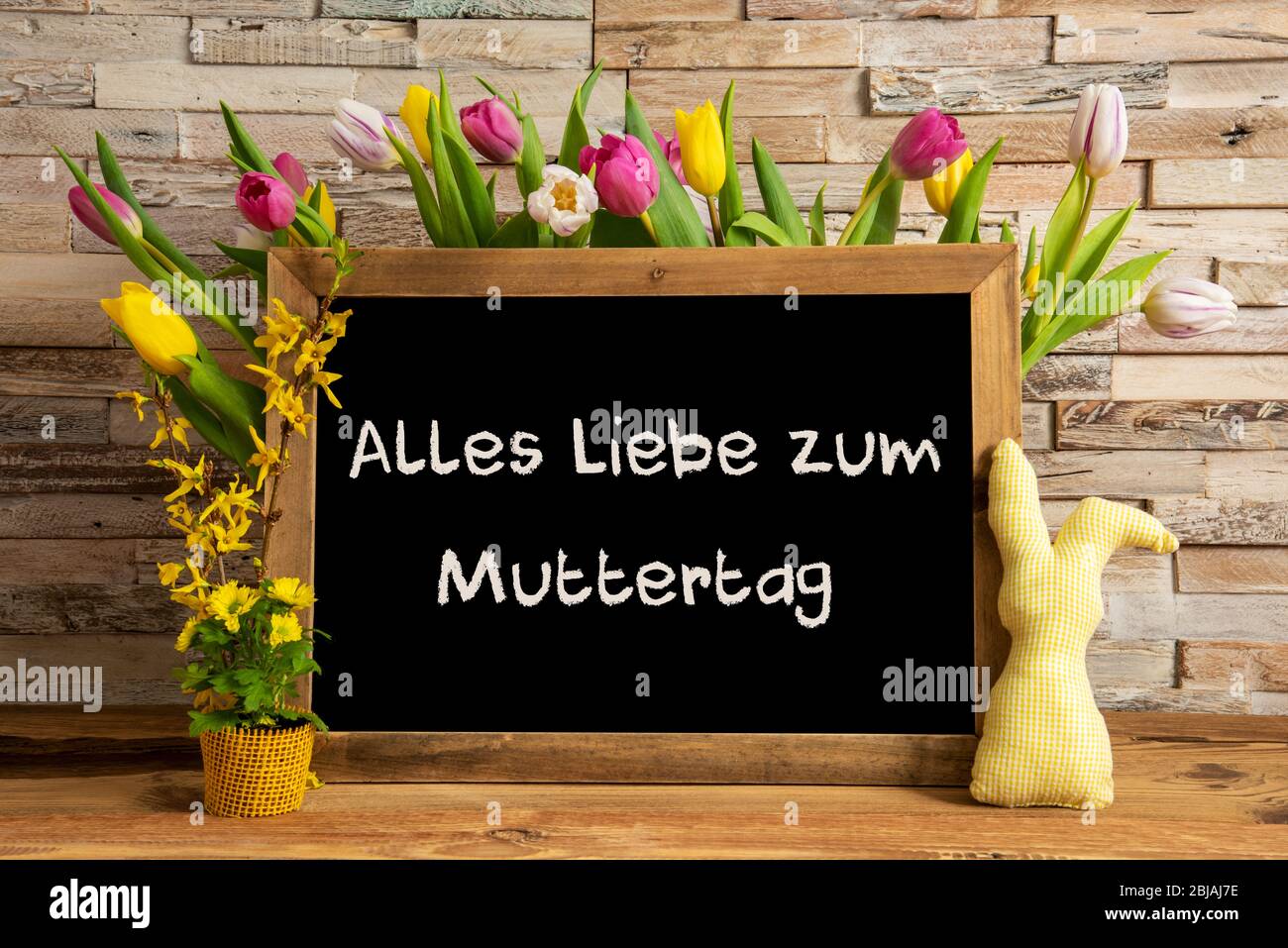 Tulip Flowers, Bunny, Brick Wall, Blackboard, Muttertag Means Happy ...