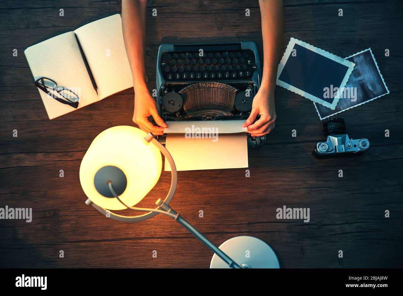 Retro reporter working at the table, top view Stock Photo - Alamy