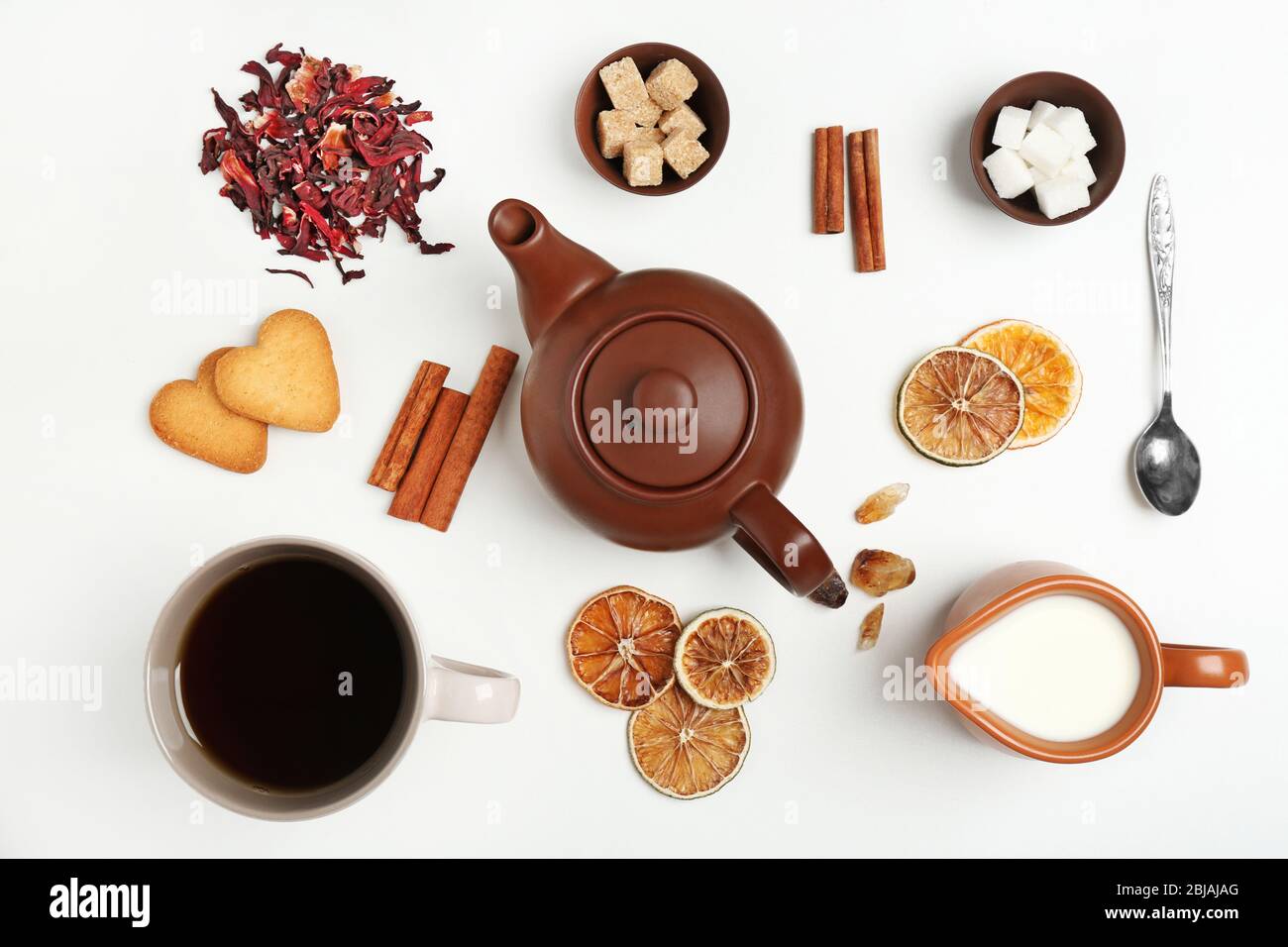 Tea set on white background, flat lay Stock Photo - Alamy
