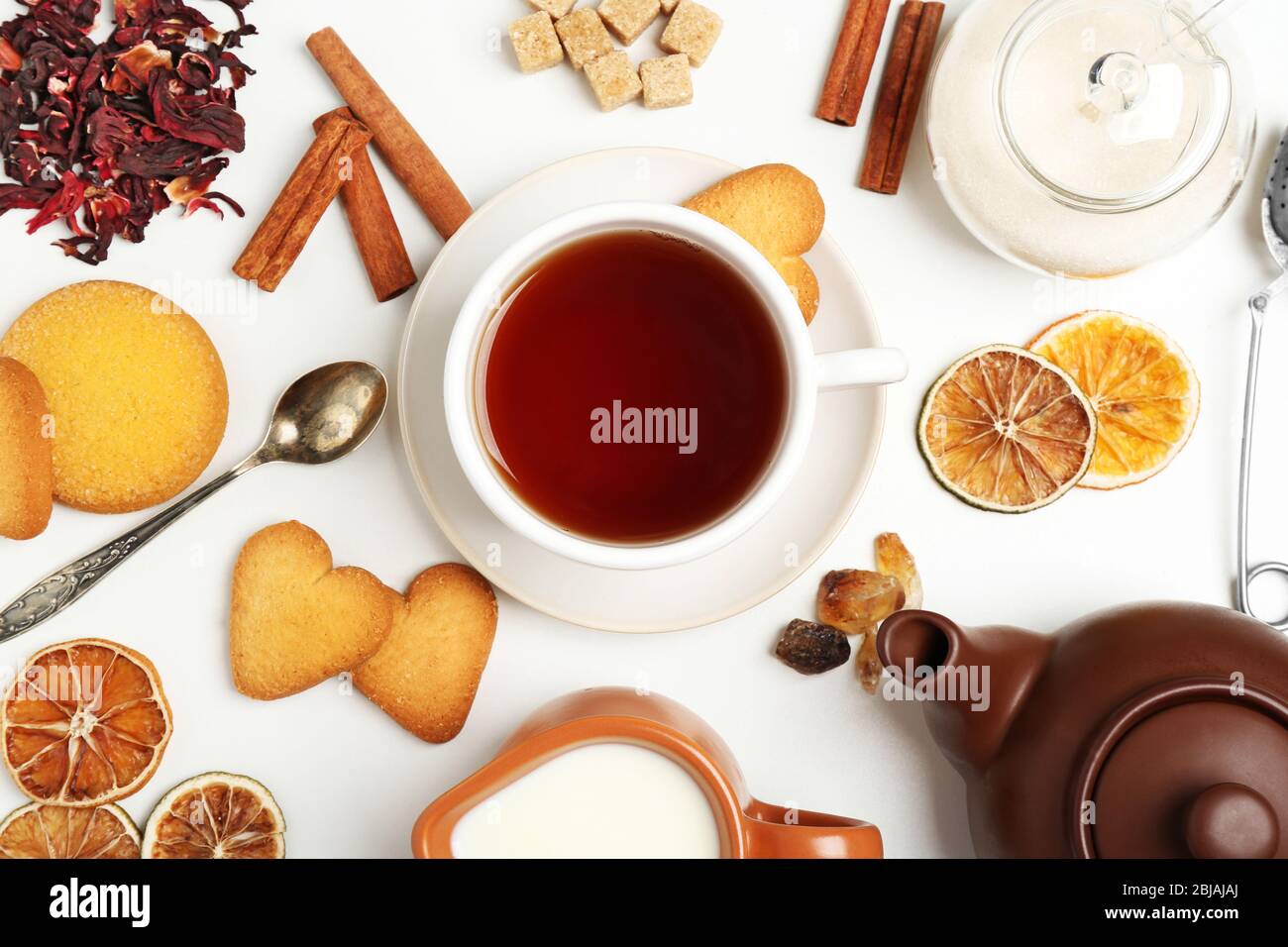 Tea set on white background, flat lay Stock Photo - Alamy