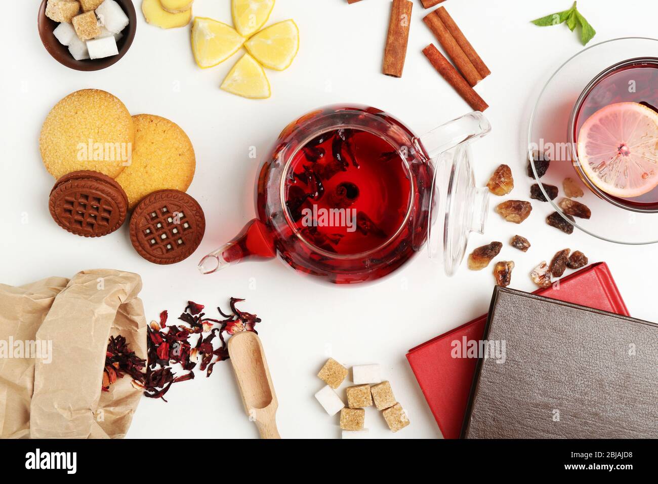 Tea set on white background, flat lay Stock Photo - Alamy