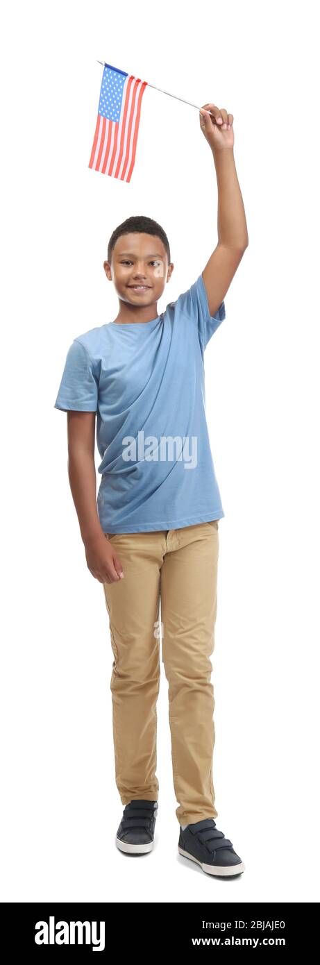 Boy holding American flag, isolated on white Stock Photo - Alamy