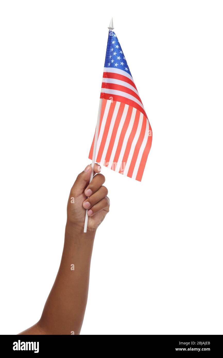 Boy hand holding American flag, isolated on white Stock Photo - Alamy