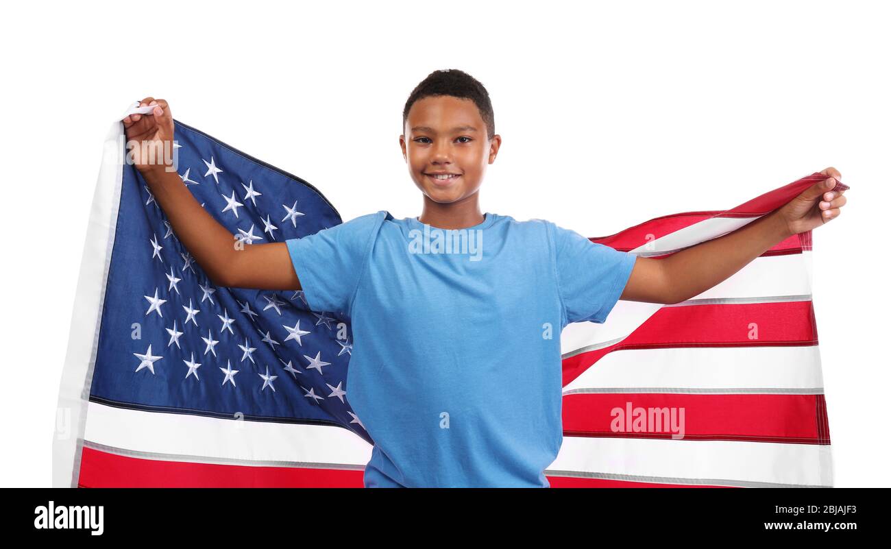 Boy holding American flag, isolated on white Stock Photo - Alamy
