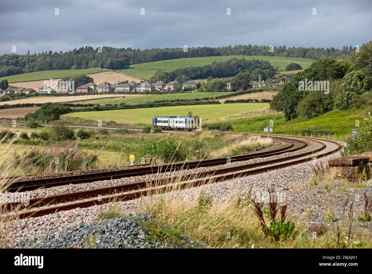 A diesel multiple unit train (DMU) running on the trans-Pennine railway ...