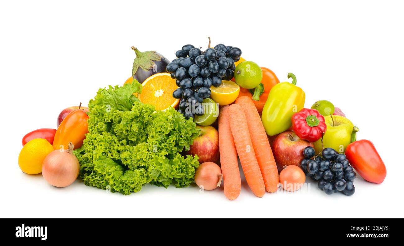 Heap fresh fruits and vegetables isolated on white background Stock ...