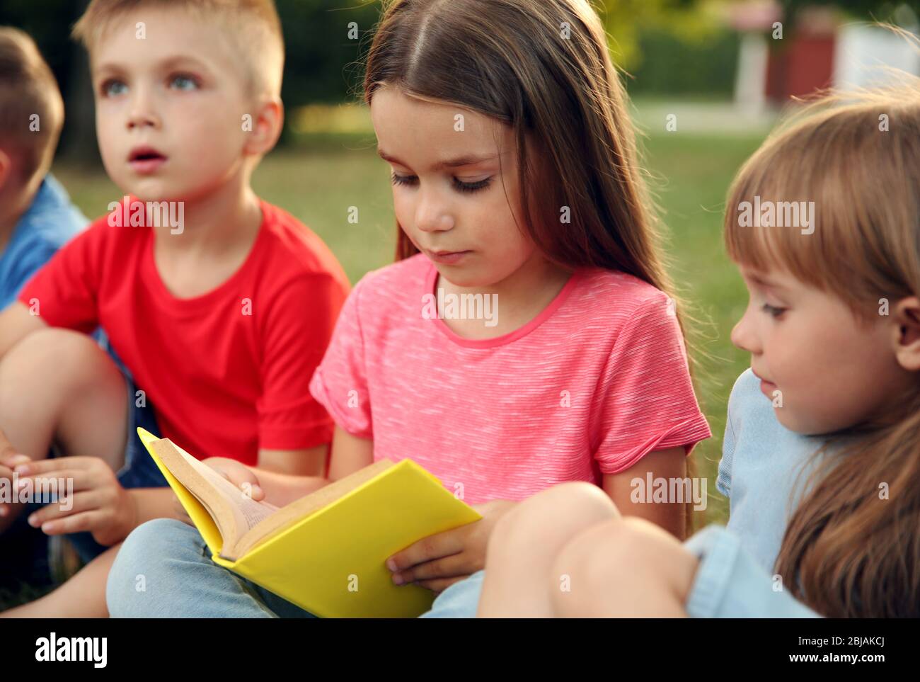 Group of happy kids reading books in park Stock Photo - Alamy