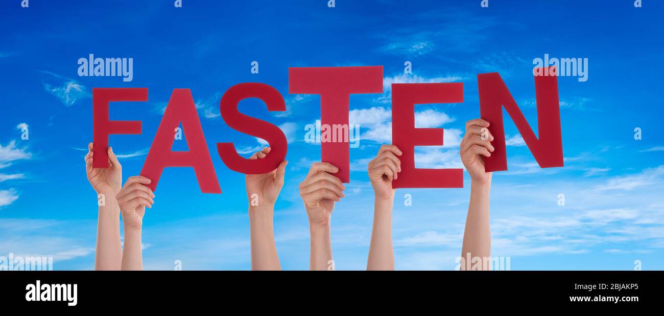 People Hands Holding Word Fasten Means Fasting, Blue Sky Stock Photo ...