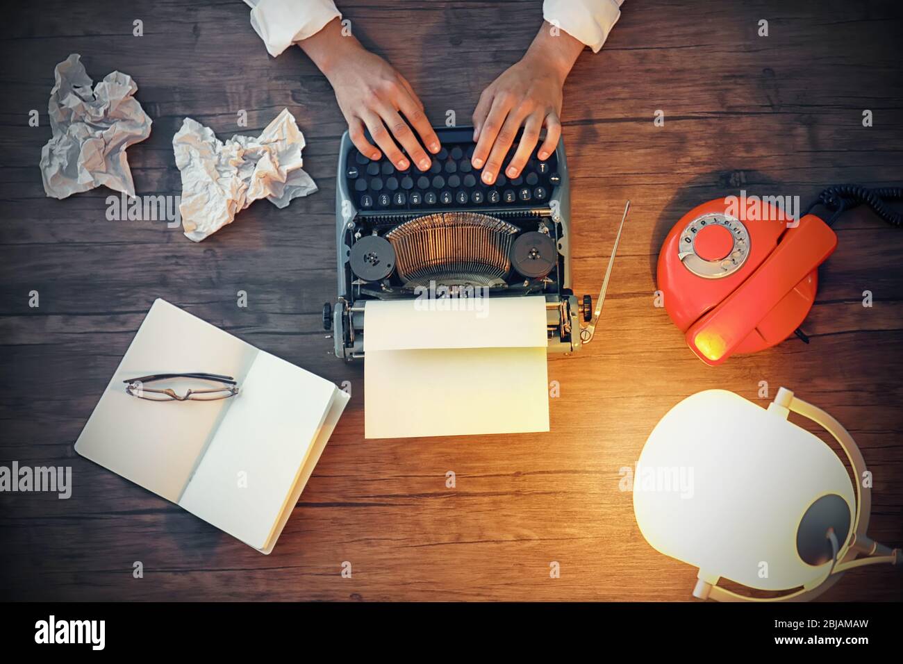 Retro reporter working at the table, top view Stock Photo - Alamy