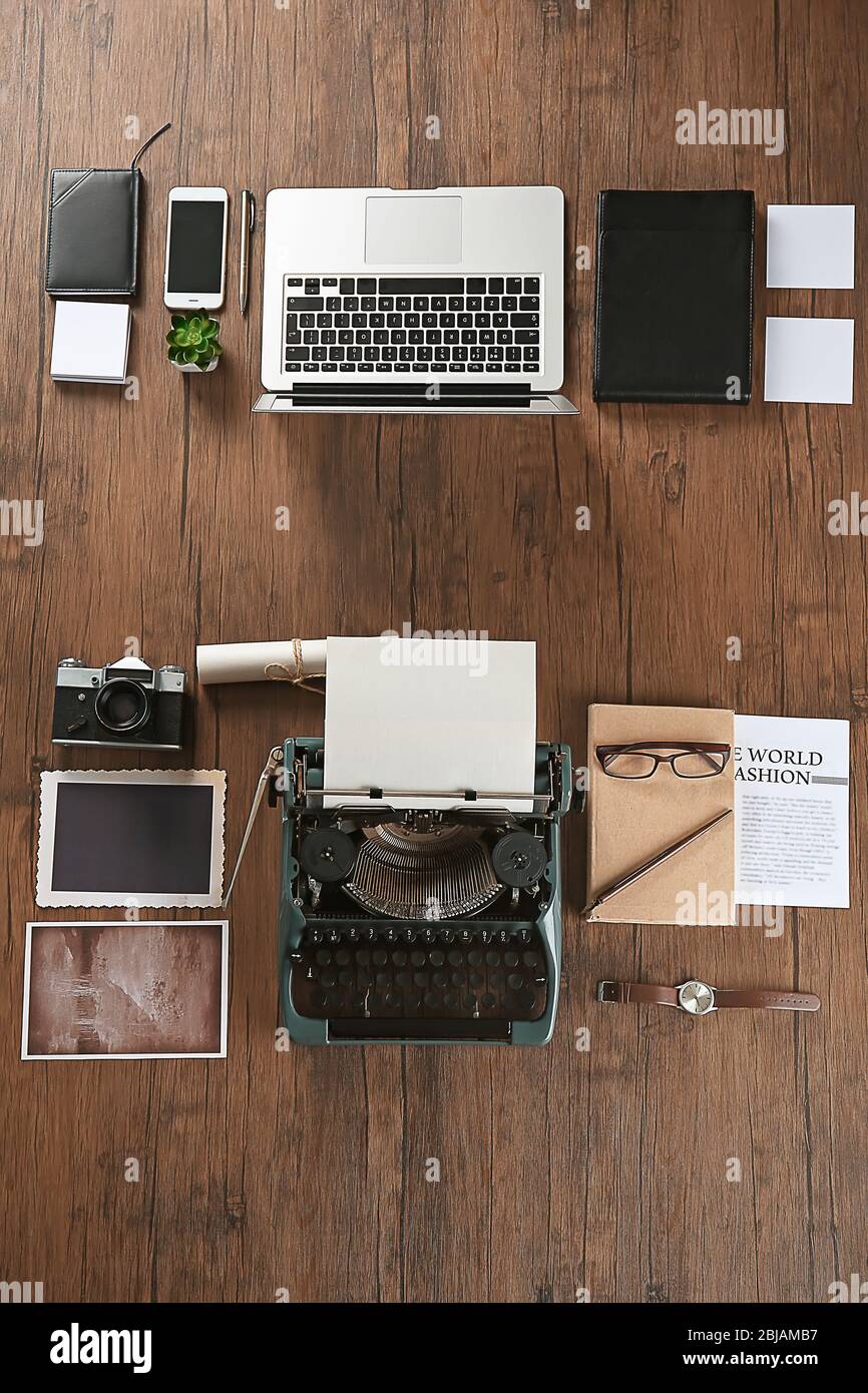 Old typewriter and laptop, concept of technology progress Stock Photo ...