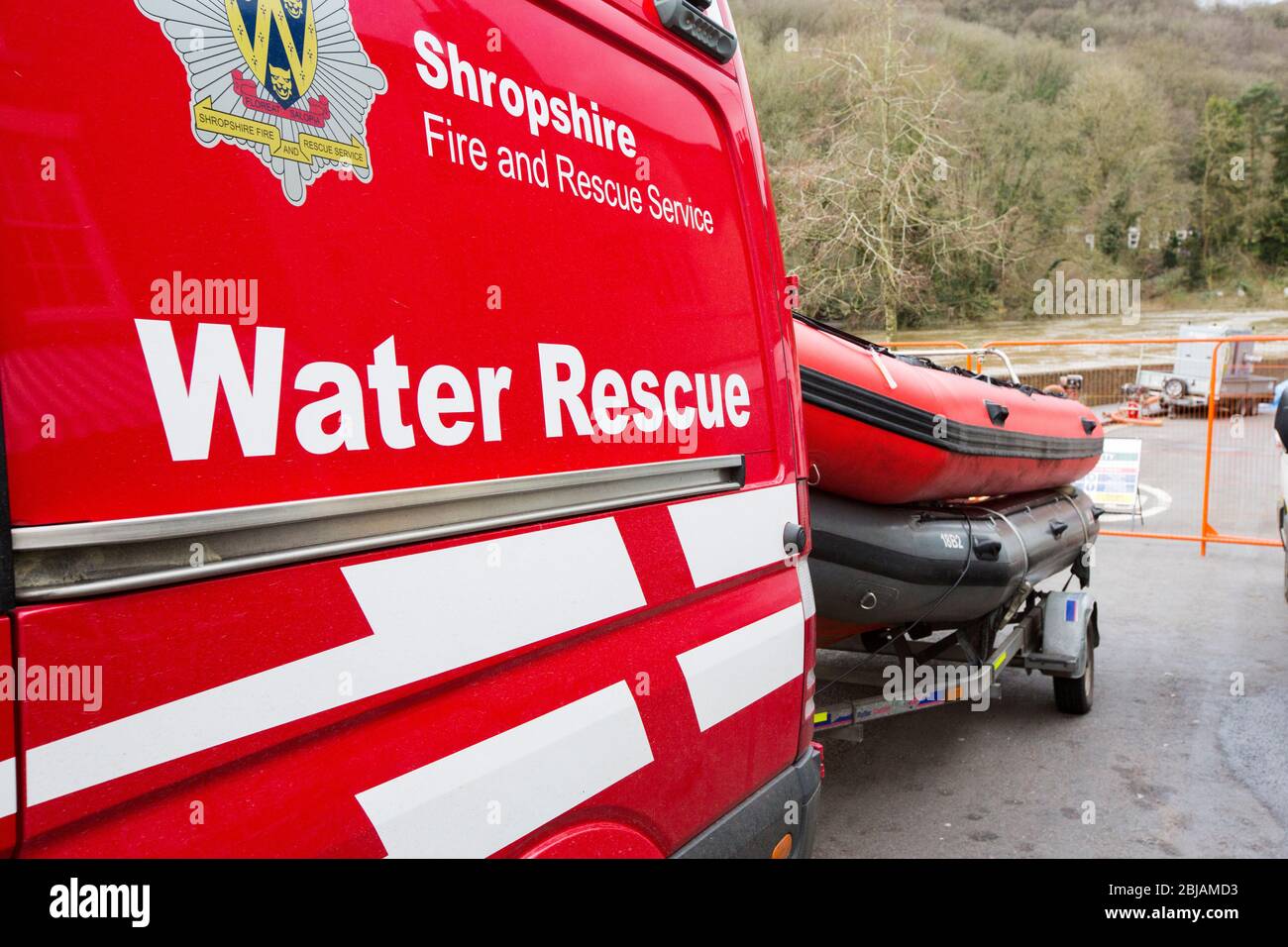Fire brigade water resuce vehicle at Ironbridge in Shropshire, with the ...