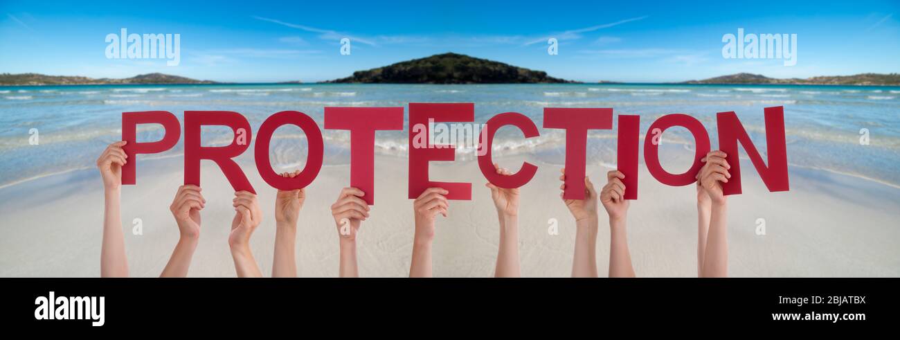 People Hands Holding Word Protection, Ocean Background Stock Photo - Alamy