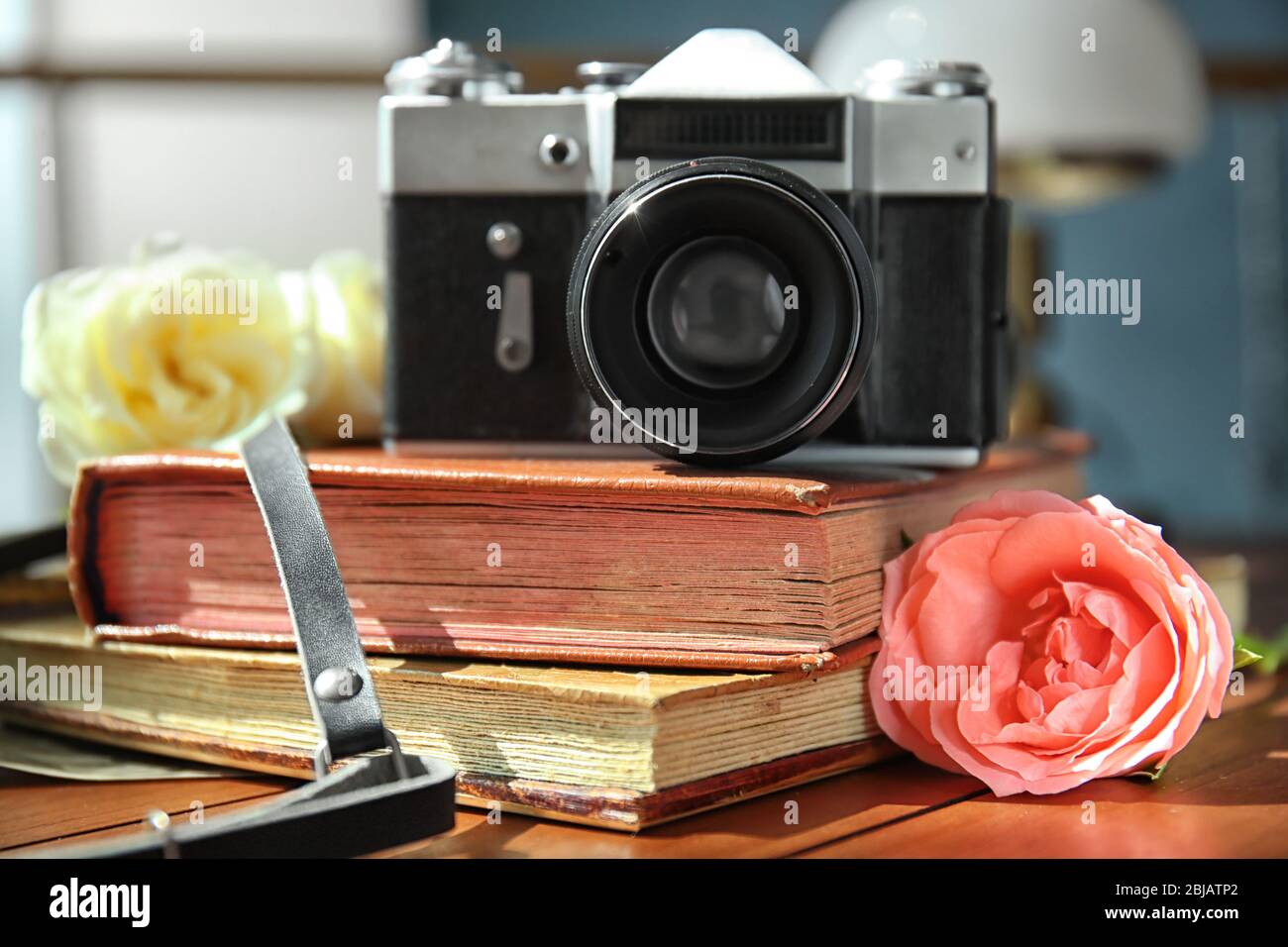 Vintage camera and beautiful roses on photo albums Stock Photo - Alamy