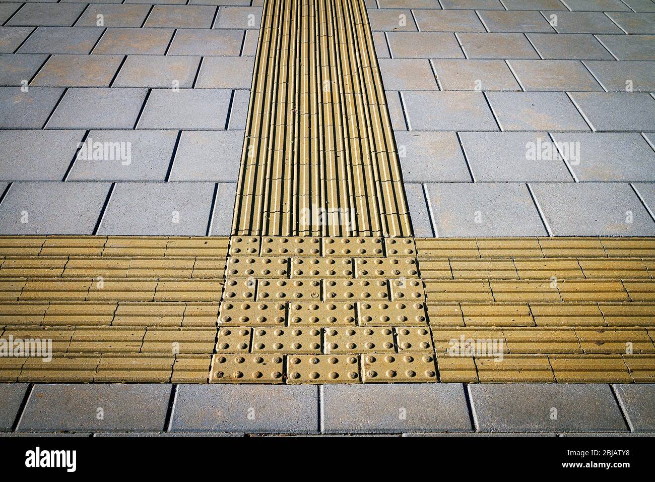 Textured walkway for blind people. Yellow tactile paving for the ...