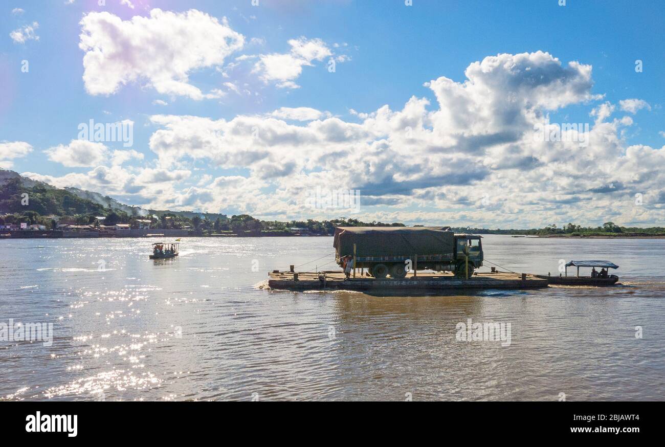 Rurrenabaque, Bolivia - May 5: Boat transporting a truck on the Beni ...