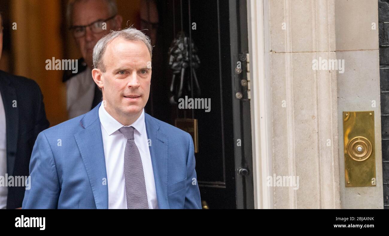 London, UK. 29th Apr, 2020. Dominic Raab MP PC Foreign Secretary leaves ...