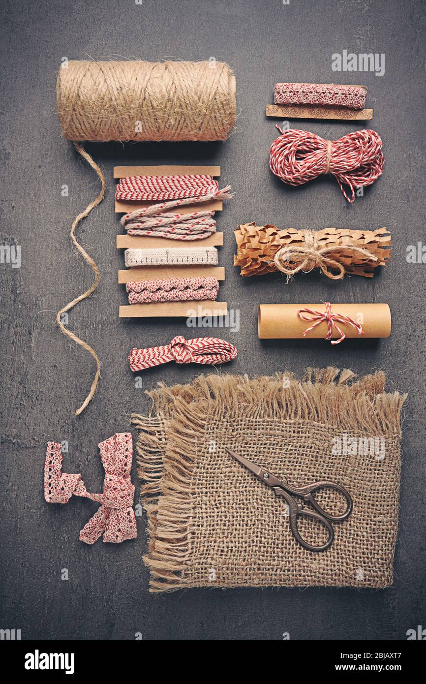 Art and craft materials set on dark background Stock Photo - Alamy