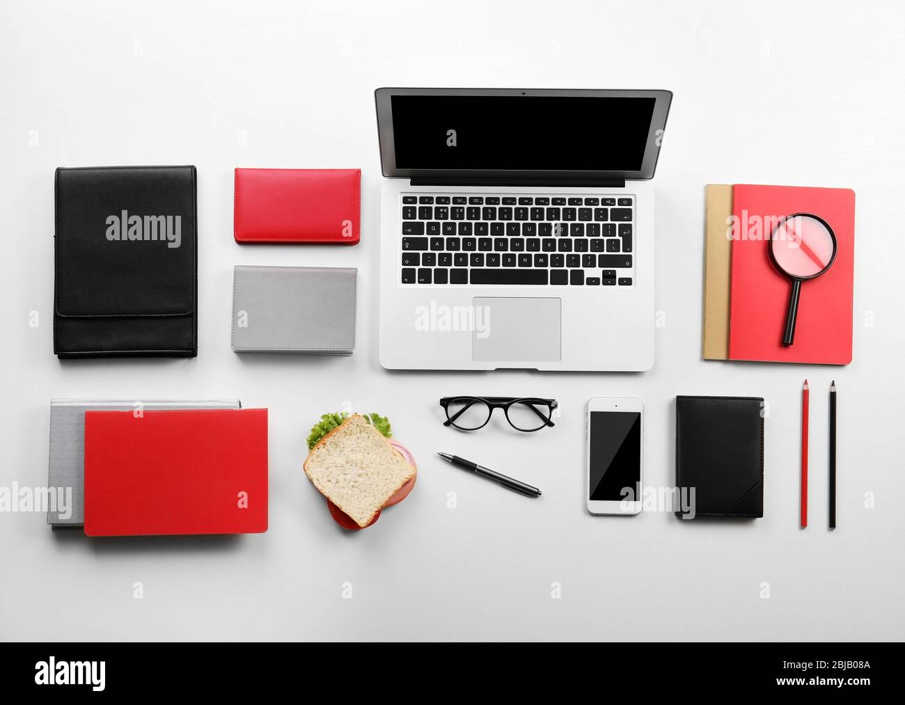 Workplace with office tools and devices Stock Photo - Alamy