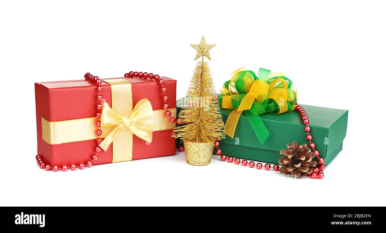 Christmas presents with decorations on white background Stock Photo - Alamy