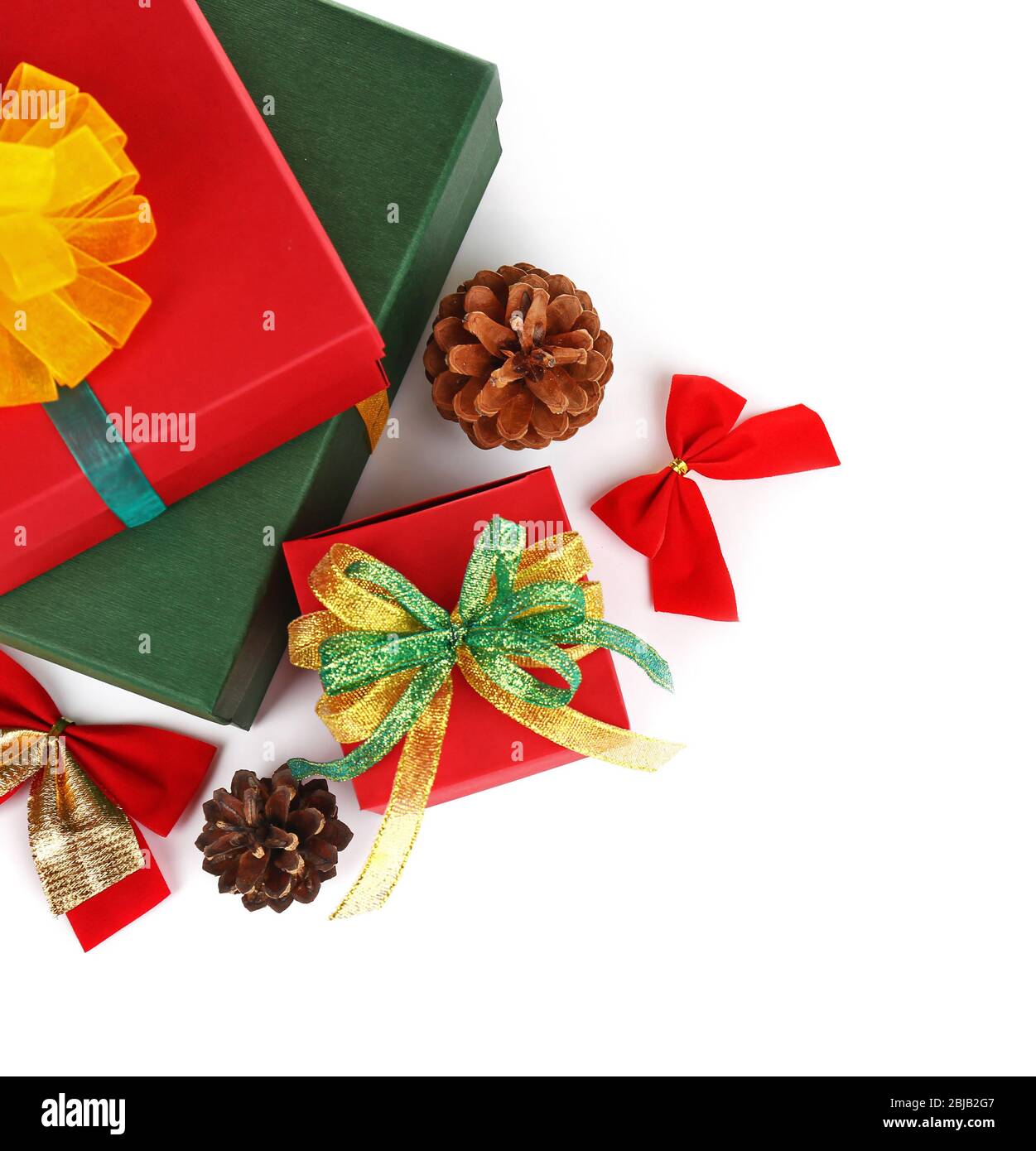 Christmas presents with decorations on white background Stock Photo - Alamy