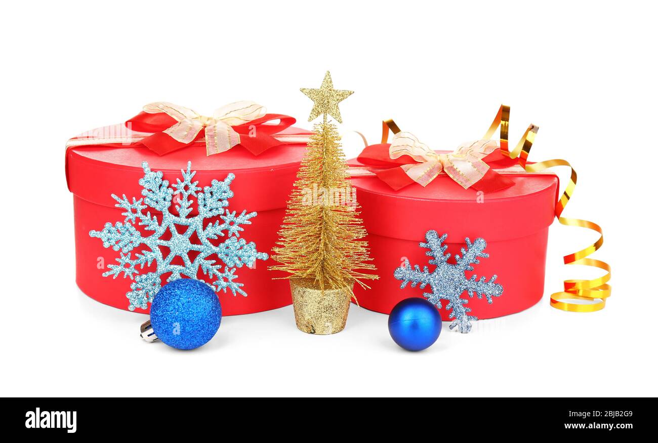 Christmas presents with decorations on white background Stock Photo - Alamy