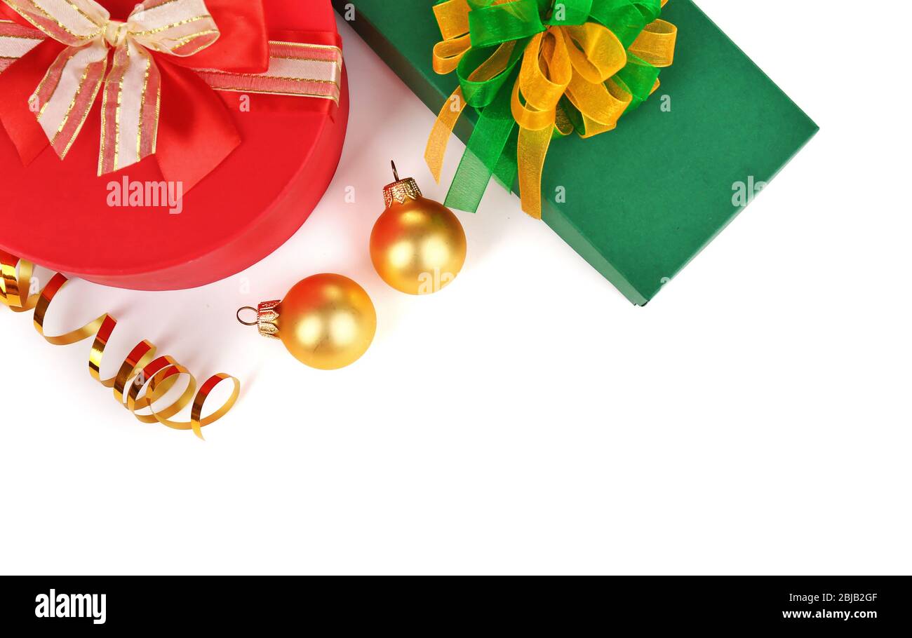 Christmas presents with decorations on white background Stock Photo - Alamy