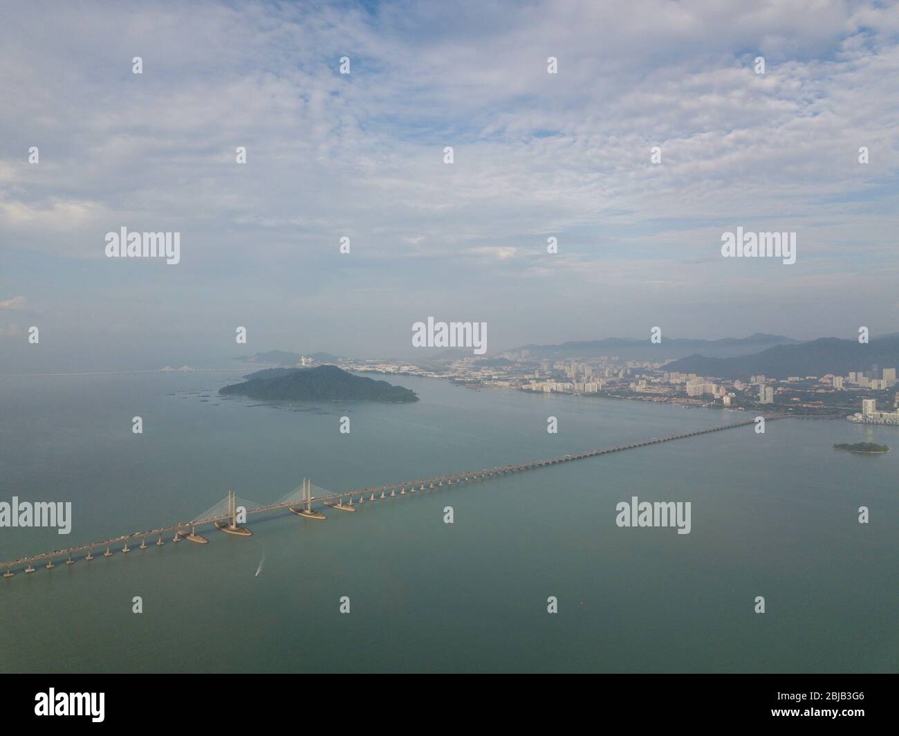 Aerial view Penang first bridge. Background is Pulau Jerejak and Penang ...