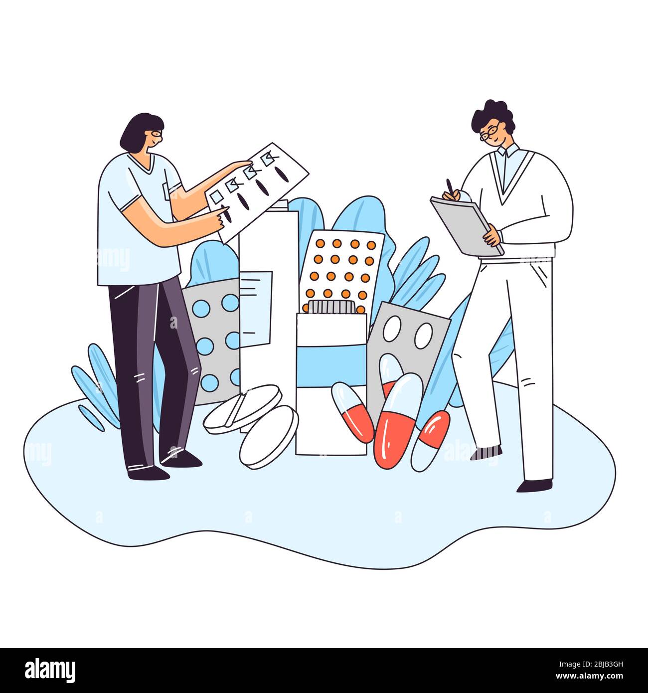 Vector flat illustration of man and woman characters checking up ...