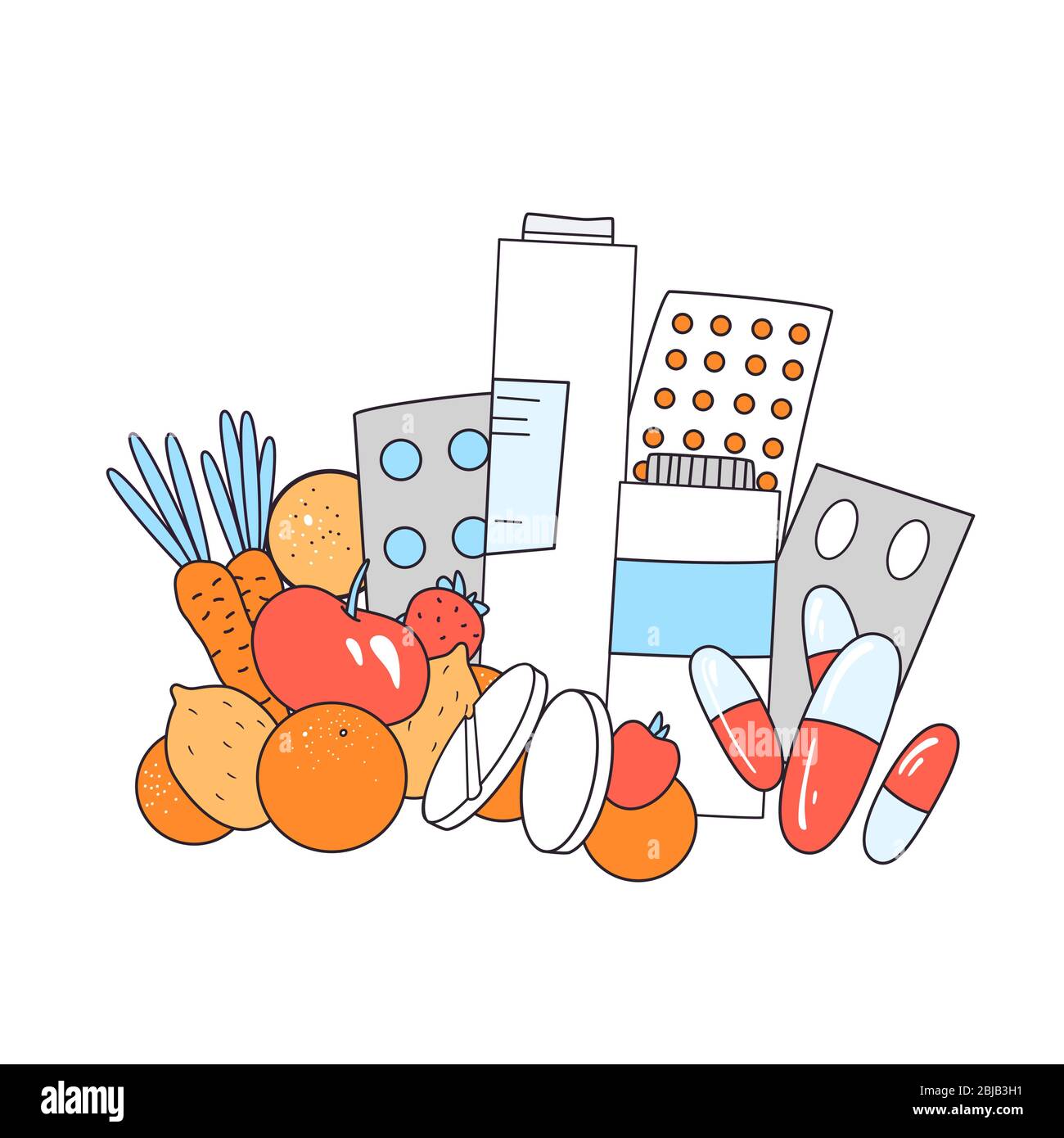Vector flat illustration medical drugs, pill, capsules and healthy food ...