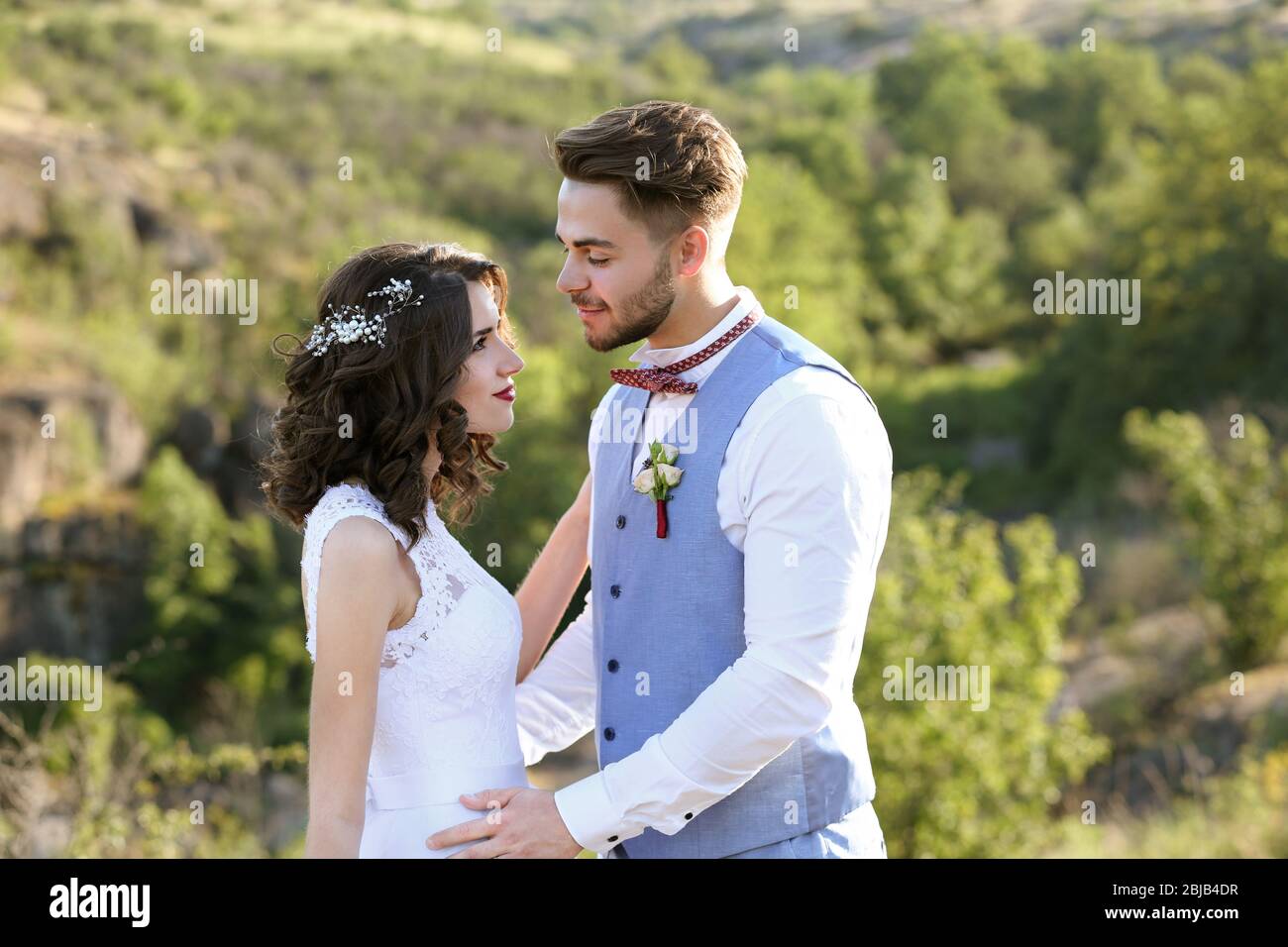 Bride and groom standing over beautiful landscape Stock Photo - Alamy