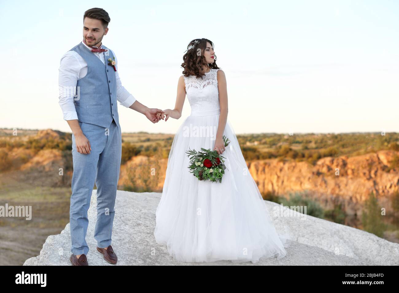 Bride and groom standing over beautiful landscape Stock Photo - Alamy