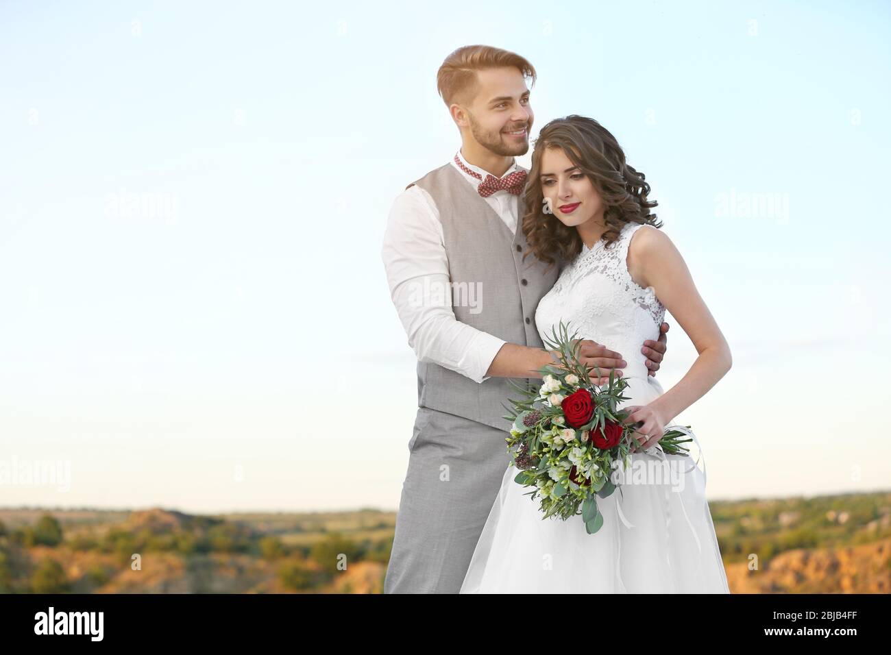 Bride and groom standing over beautiful landscape Stock Photo - Alamy