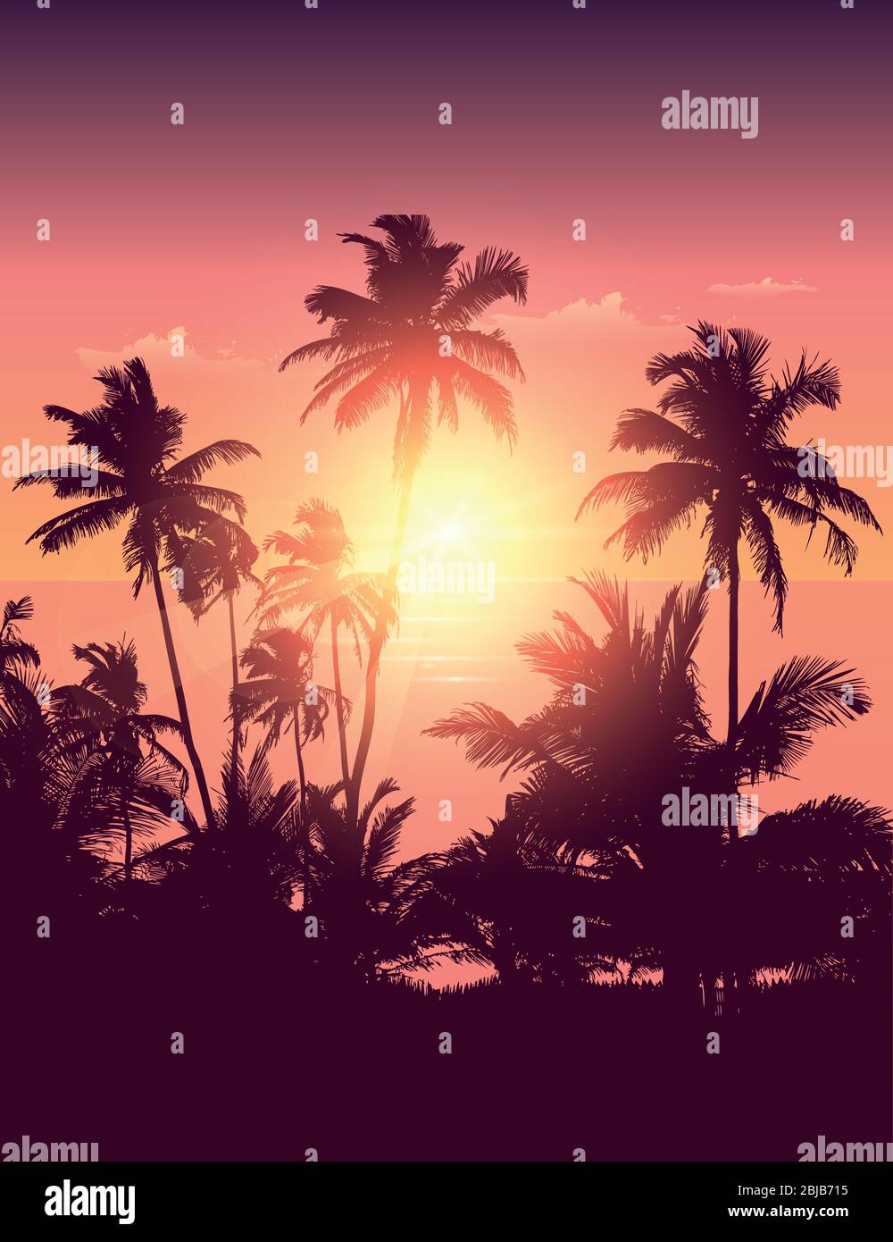 beautiful sunset by the ocean with palm silhouette realistic landscape ...