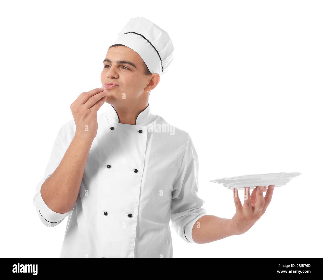 Young handsome chef cook with plate isolated on white Stock Photo - Alamy