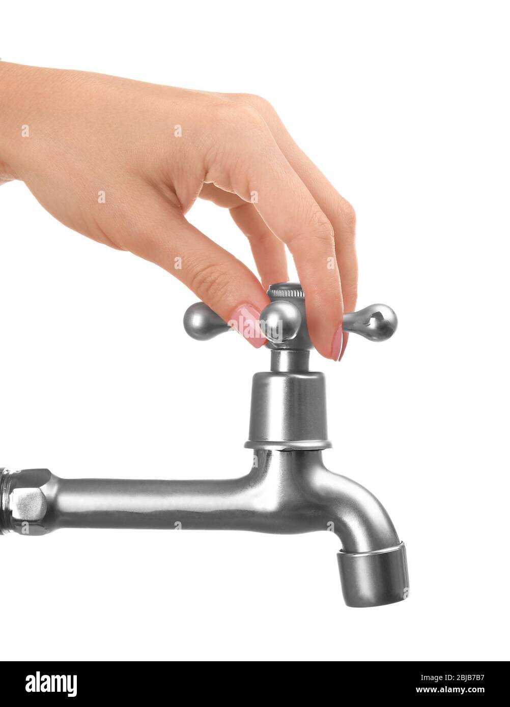 Female hand turning tap isolated on white. Water saving concept Stock ...