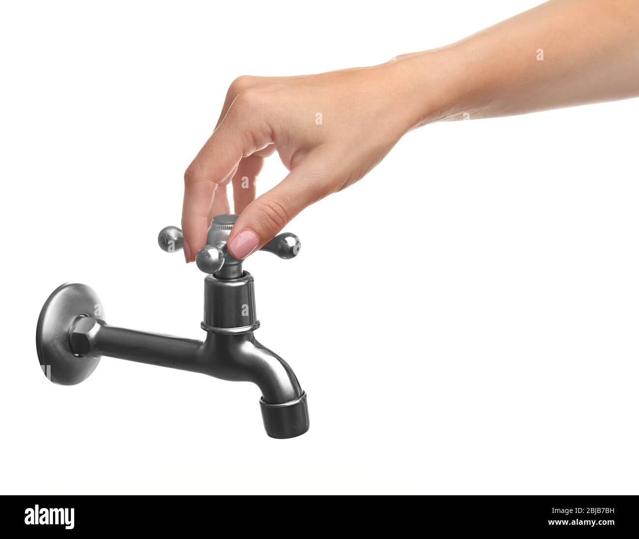 Female hand turning tap isolated on white. Water saving concept Stock ...