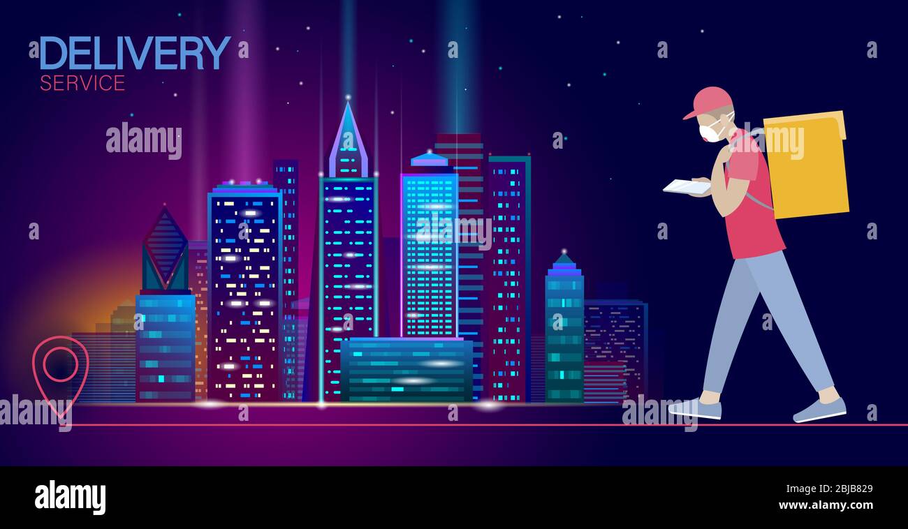 Walking city delivery box. Walk road neon lights food shipping mobile ...