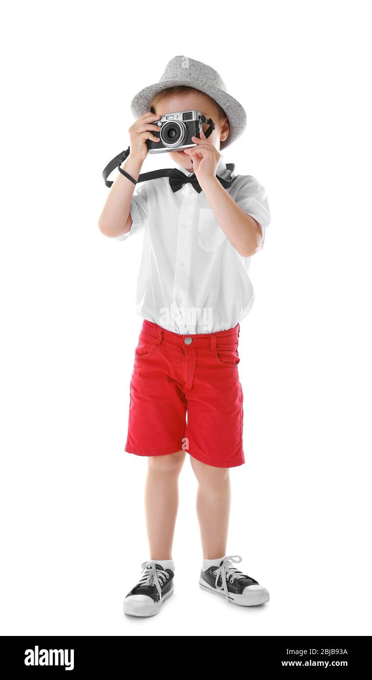 Little boy with vintage camera isolated on white Stock Photo - Alamy
