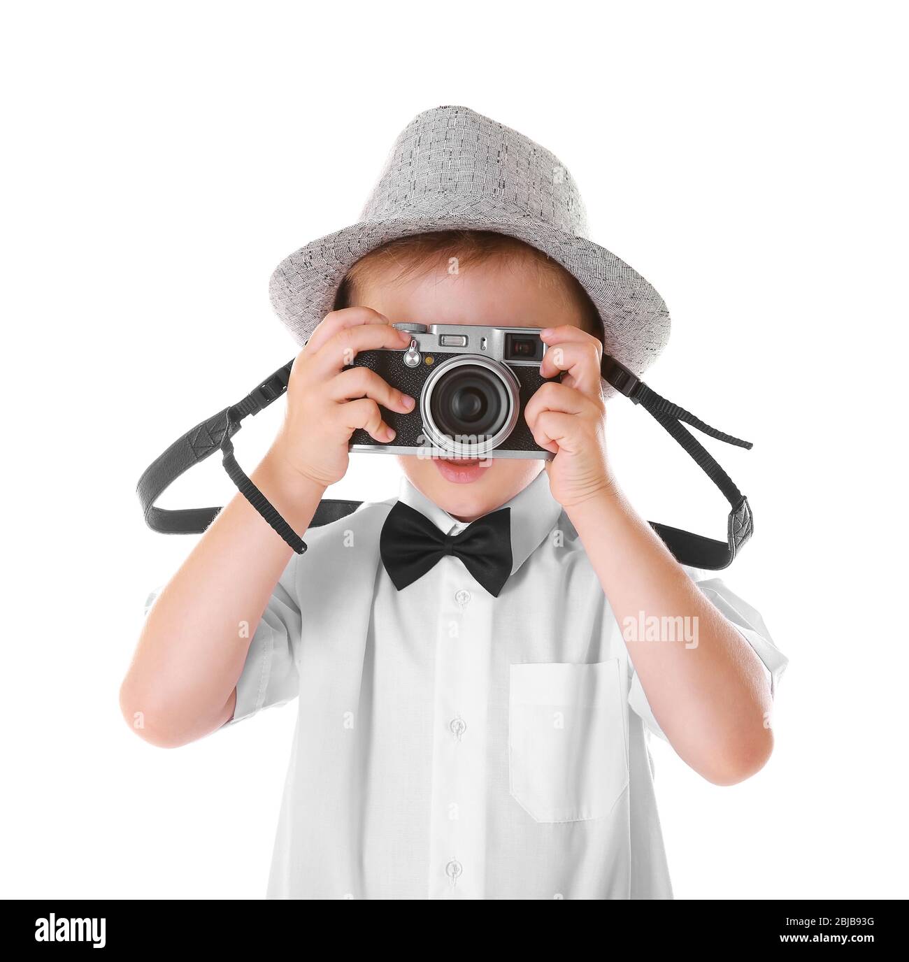 Little boy with vintage camera isolated on white Stock Photo - Alamy